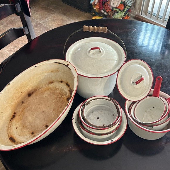 Other | Mid Century 195s 12 Pieces White Enamelware With Red Rims ...